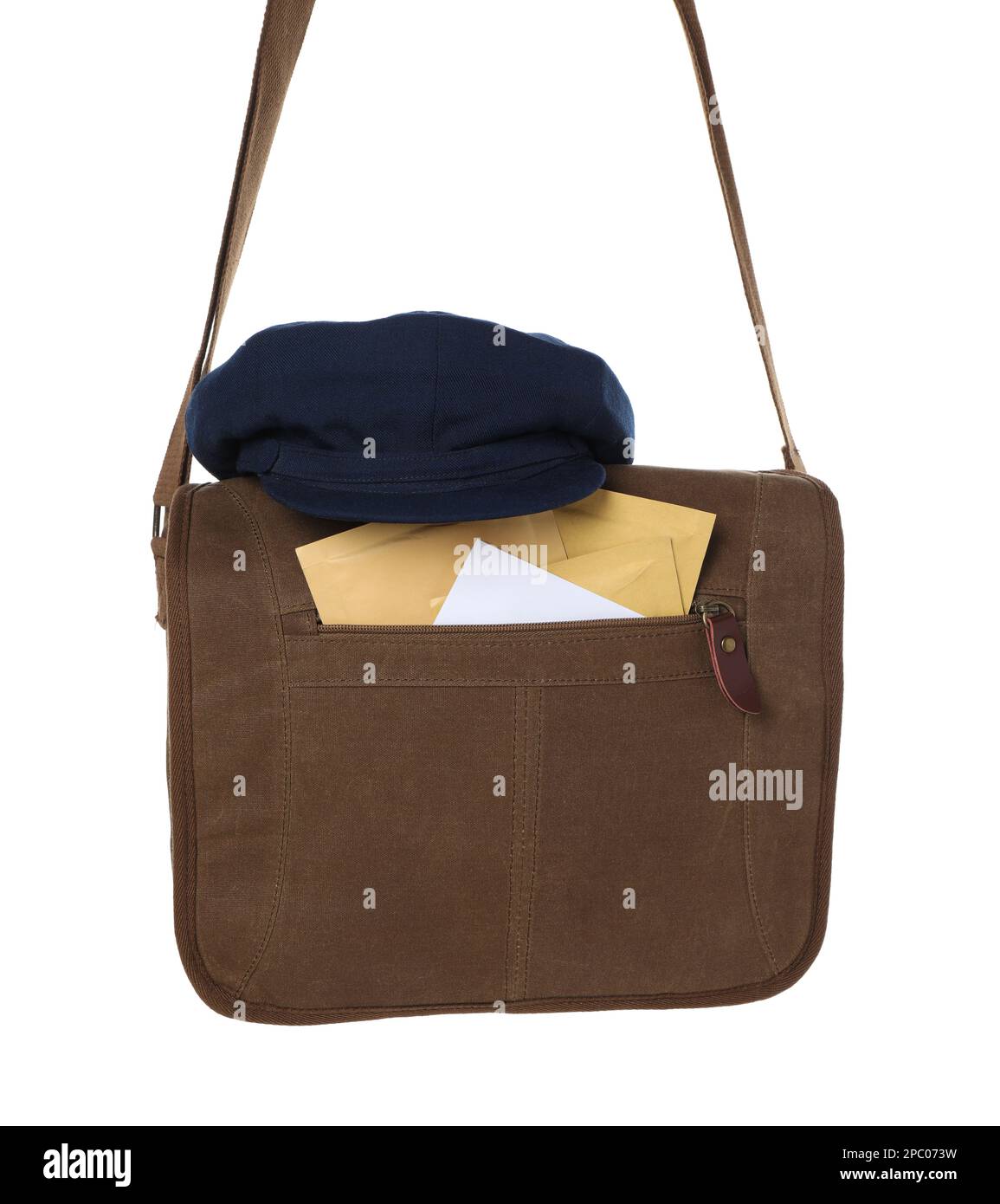 Brown postman bag with mails and hat on white background Stock Photo ...