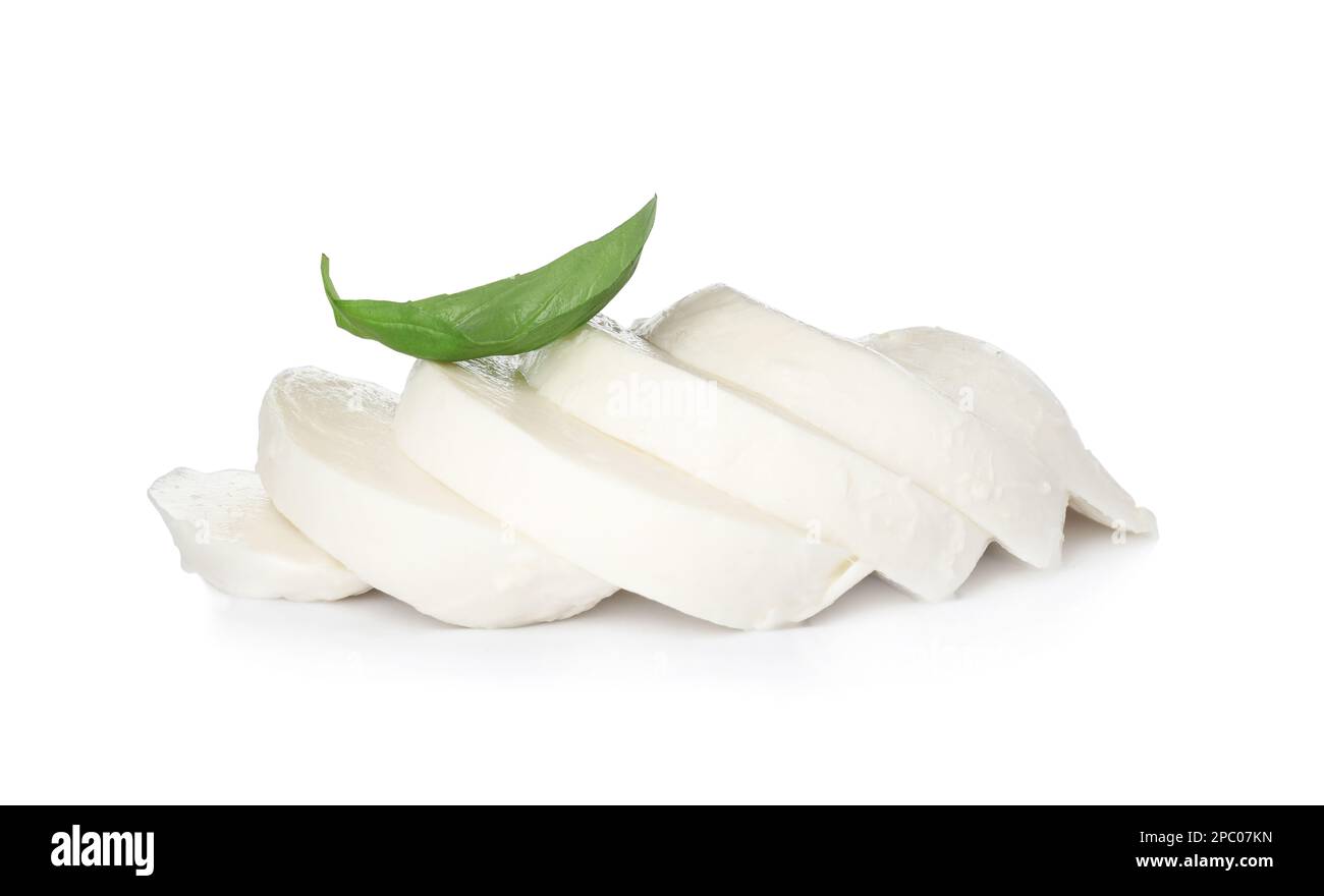 Delicious mozzarella cheese slices and basil on white background Stock ...