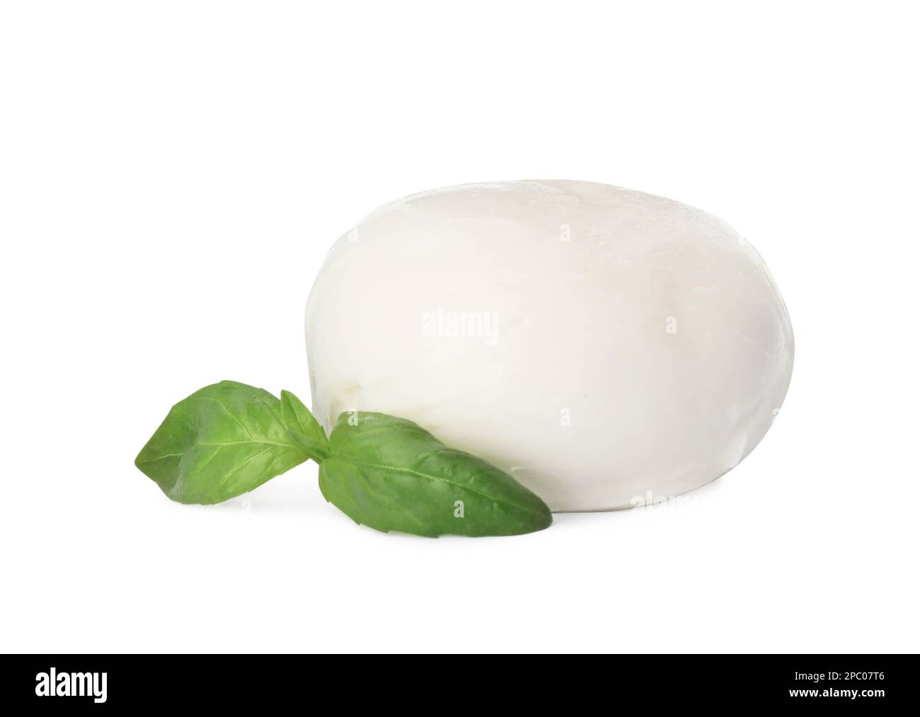 Delicious mozzarella cheese ball and basil on white background Stock ...