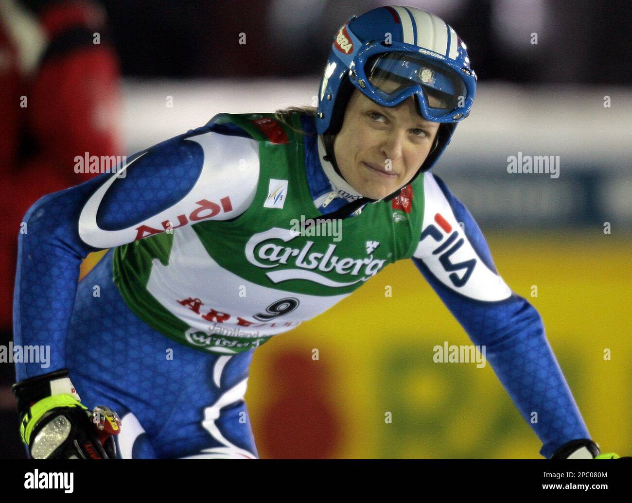 Manuela Moelgg, of Italy, reacts after completing the first run of the ...