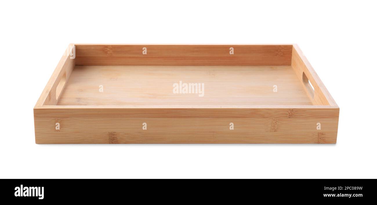 One empty wooden tray isolated on white Stock Photo - Alamy