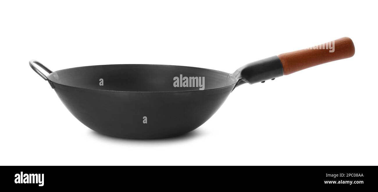Empty iron wok isolated on white. Chinese cookware Stock Photo - Alamy