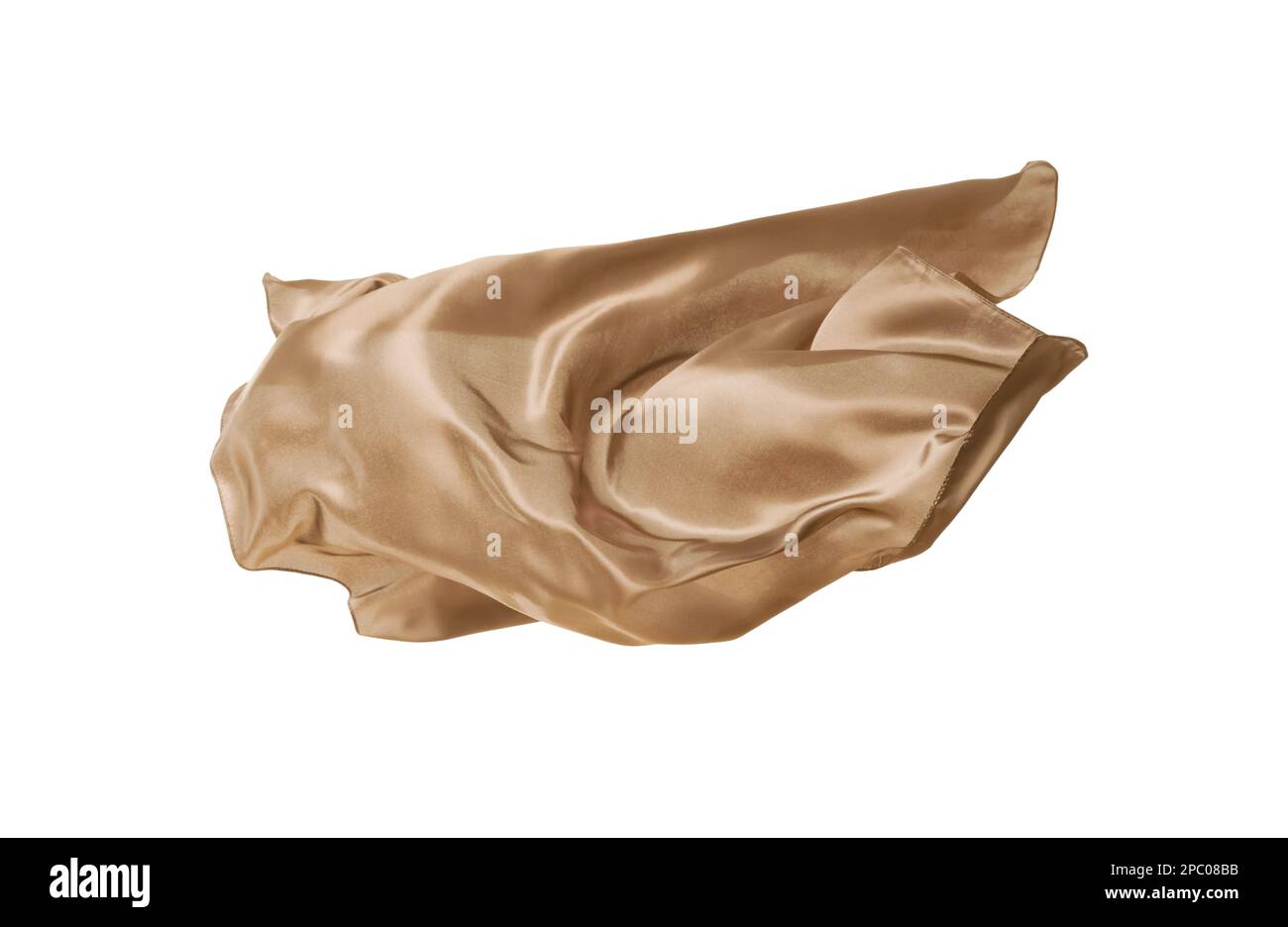 Beautiful delicate beige silk floating on white background Stock Photo ...