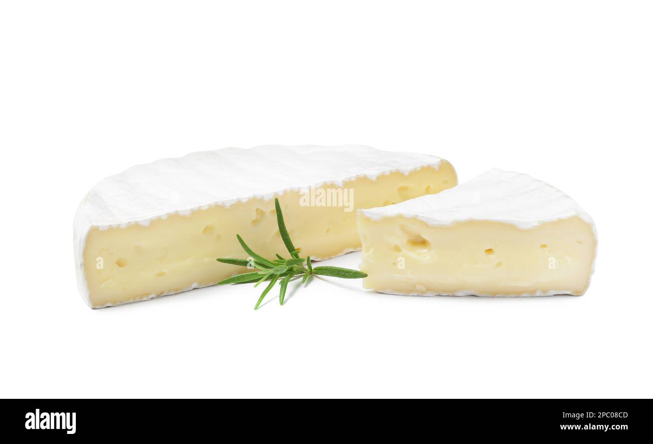 Tasty cut brie cheese with rosemary on white background Stock Photo - Alamy