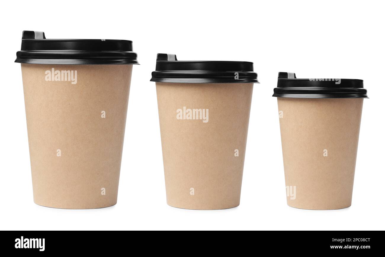 Paper coffee cups of different sizes on white background, collage Stock ...