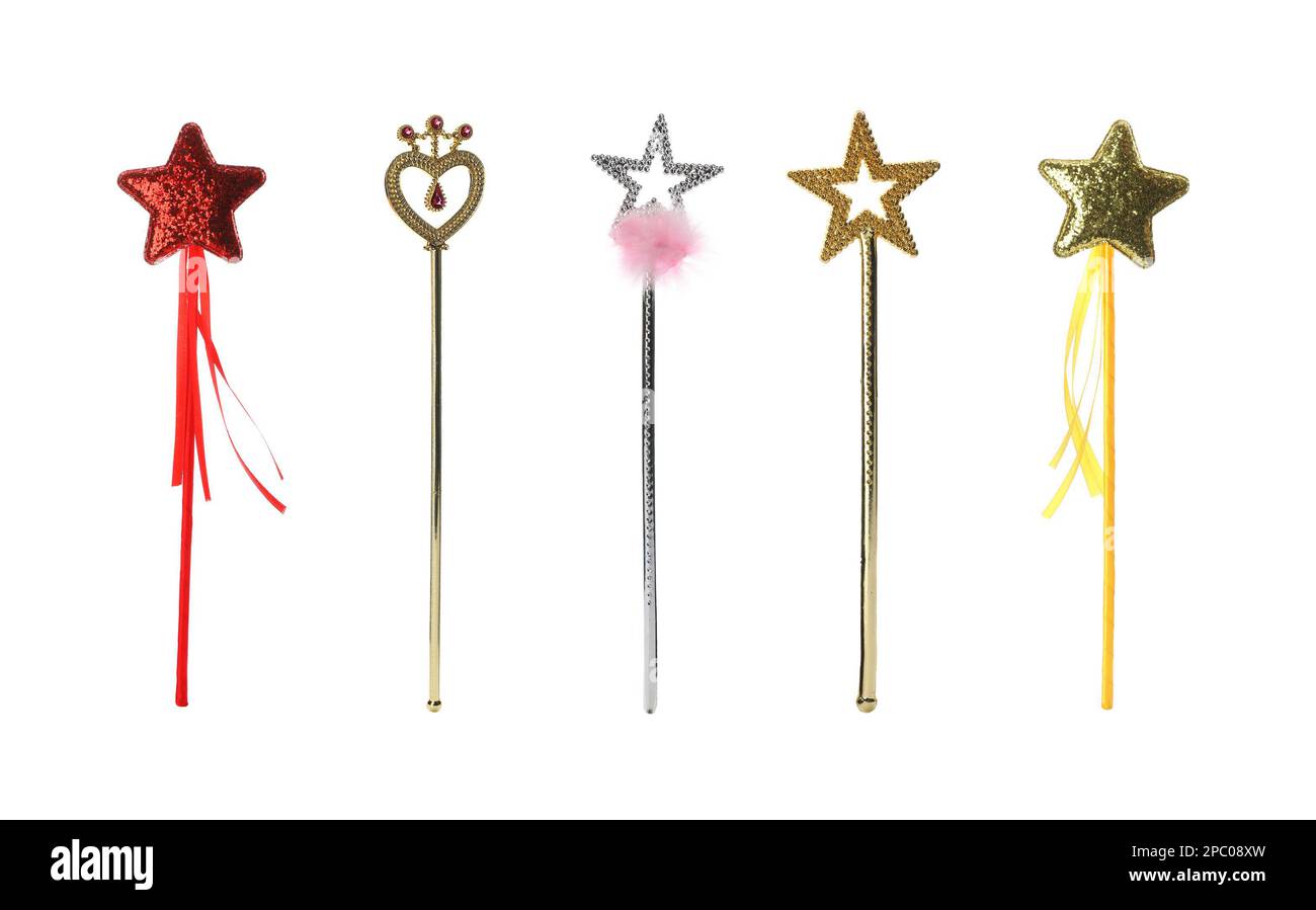 Set with different beautiful magic wands on white background Stock ...