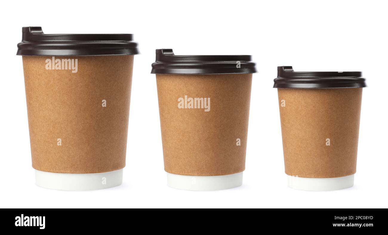 Paper coffee cups of different sizes on white background, collage Stock ...