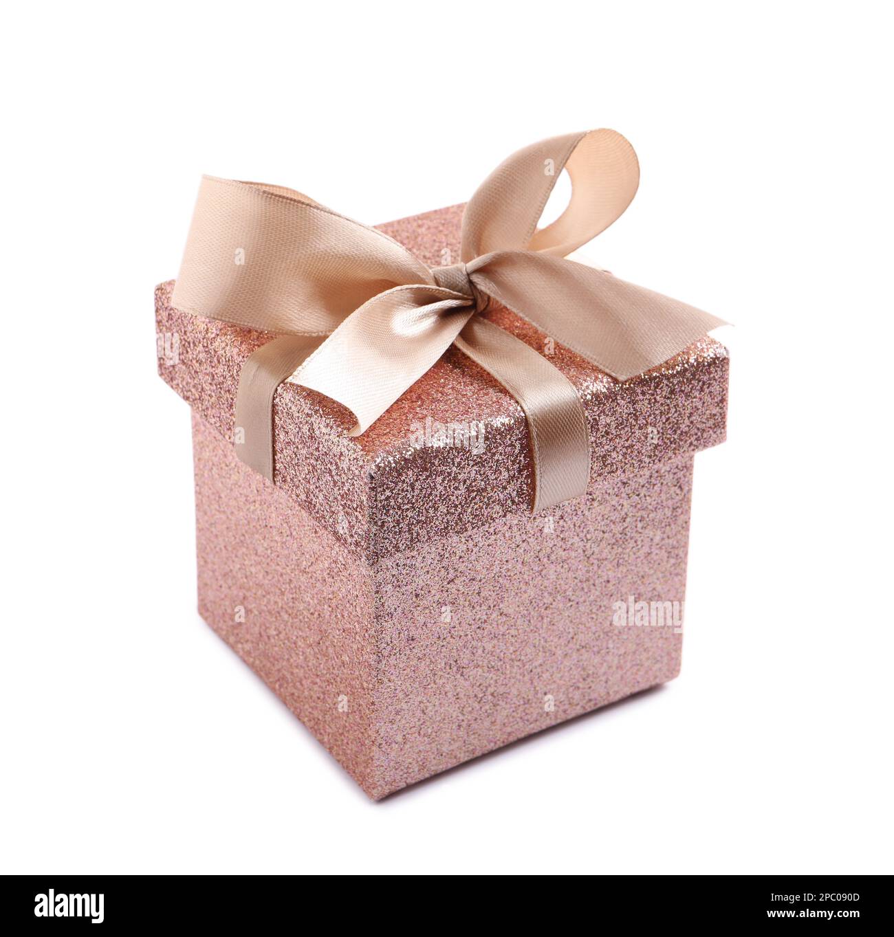 Shiny gift box with golden bow on white background Stock Photo - Alamy