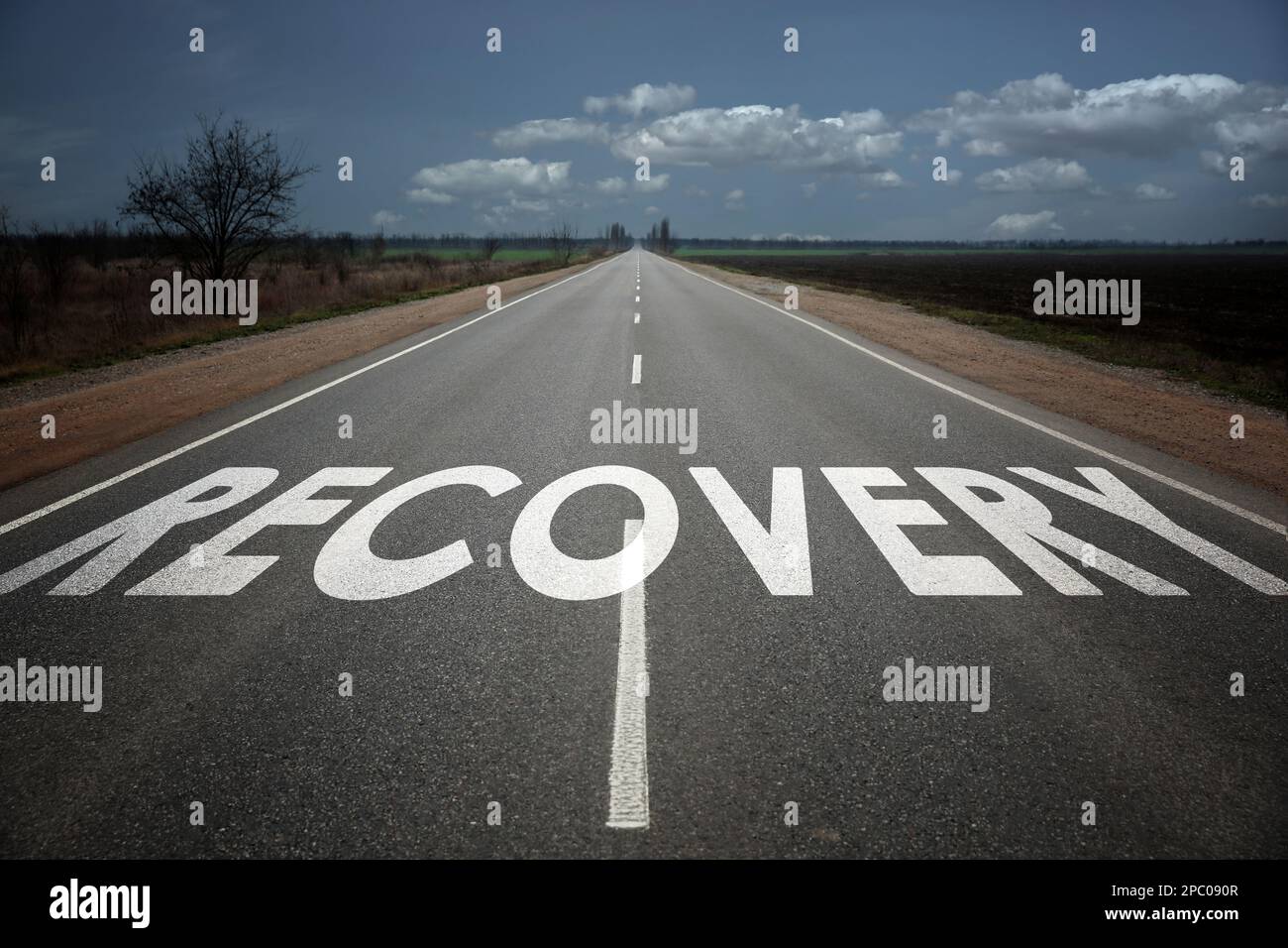 Start to live without alcohol addiction. Word RECOVERY on asphalt ...