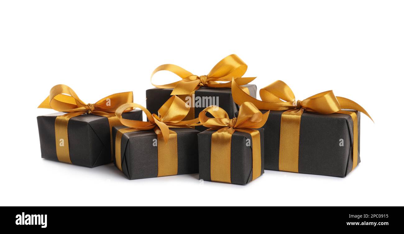 Many beautiful gift boxes on white background Stock Photo - Alamy