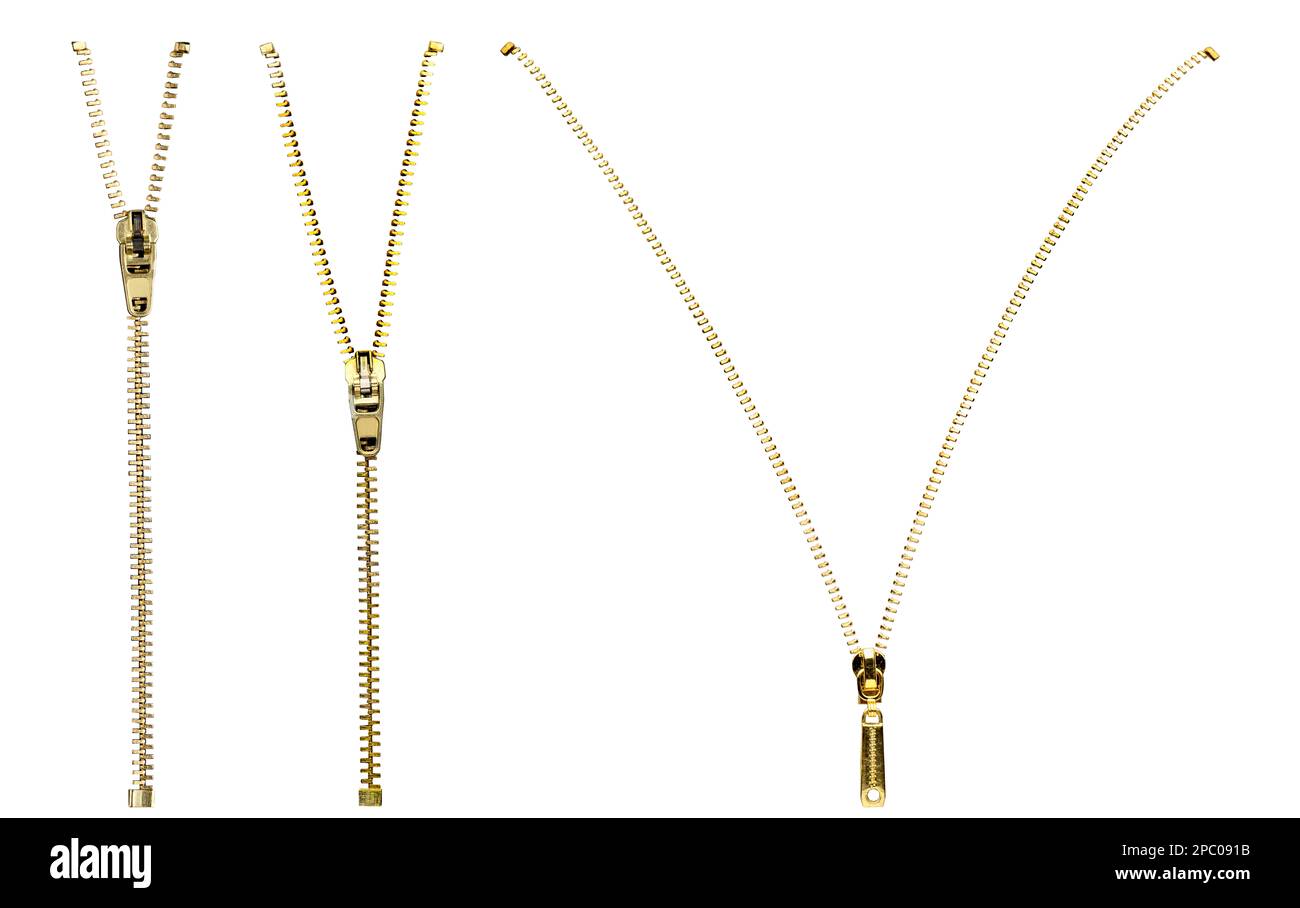 Set with metal zippers on white background Stock Photo - Alamy