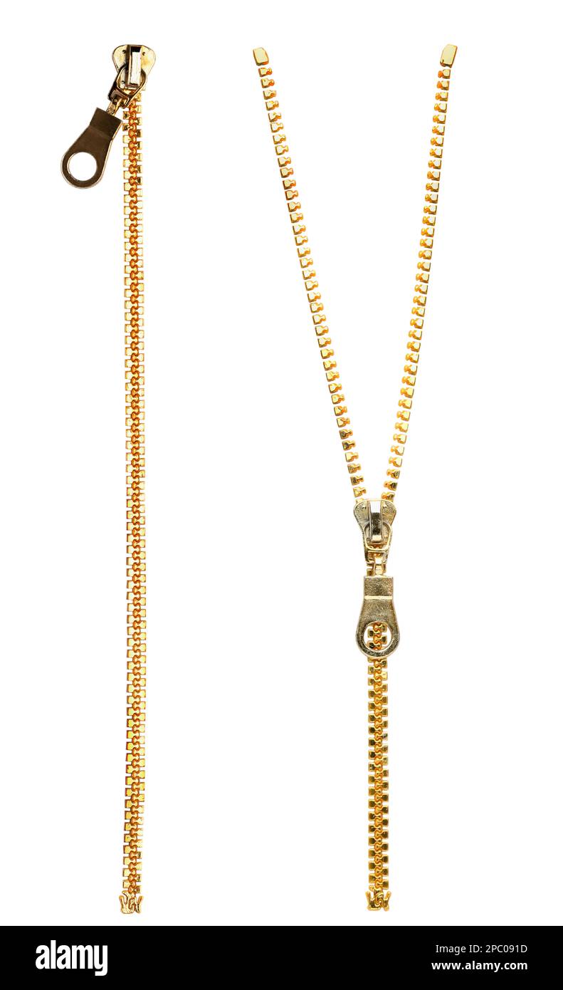 Golden metal zippers on white background, collage Stock Photo - Alamy