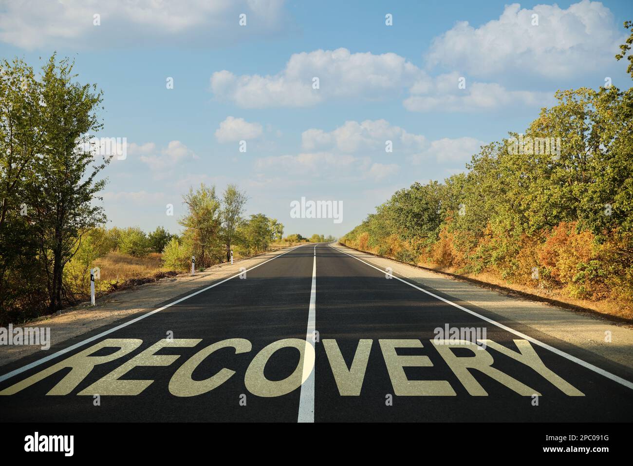 Start to live without alcohol addiction. Word RECOVERY on asphalt ...