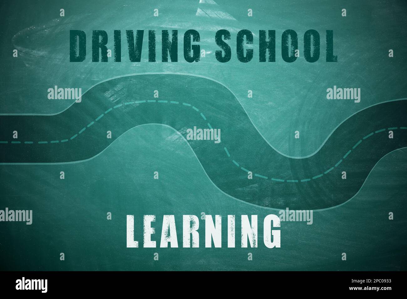 Driving school concept. Text and drawing of road on green chalkboard ...