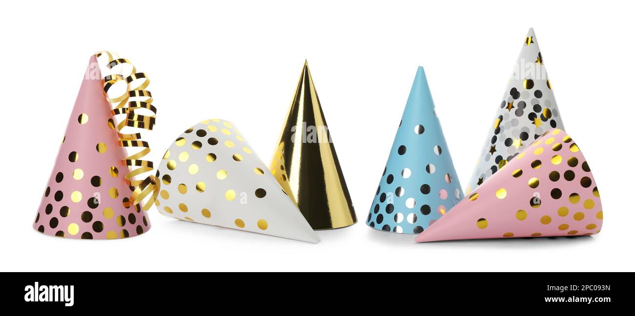 Set with different party hats on white background. Banner design Stock ...