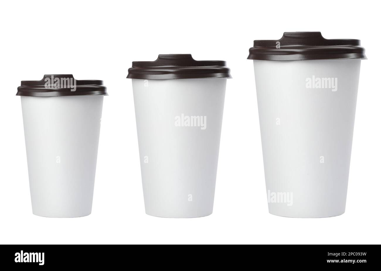 Paper coffee cups of different sizes on white background, collage Stock ...