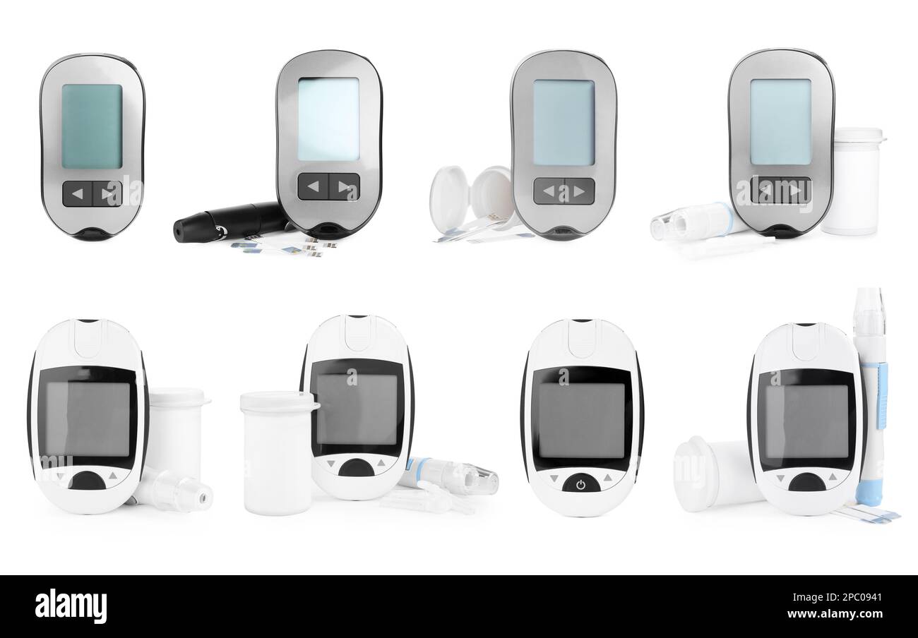 Set with digital glucometers, lancet pens and test strips on white ...