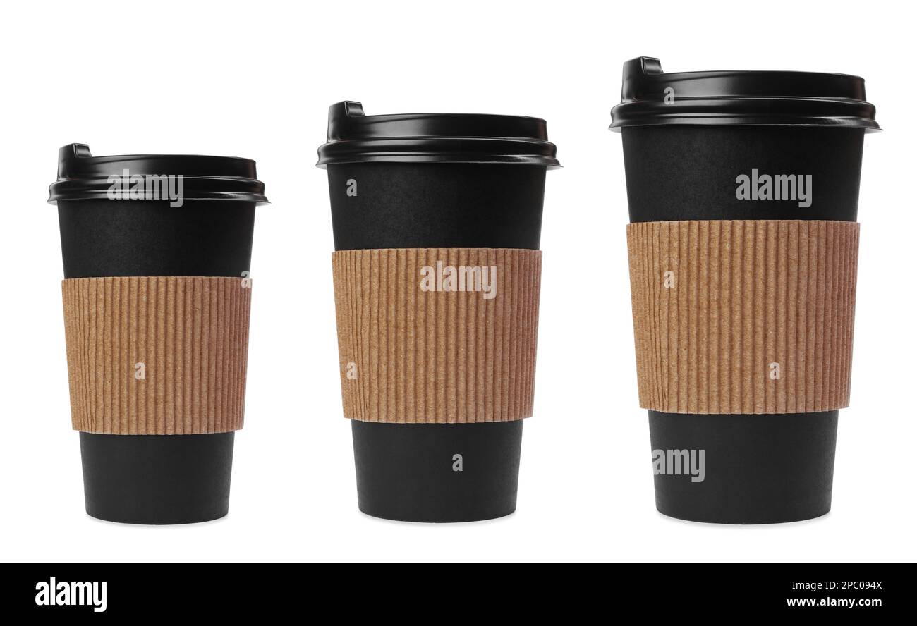 Paper coffee cups of different sizes on white background, collage Stock ...