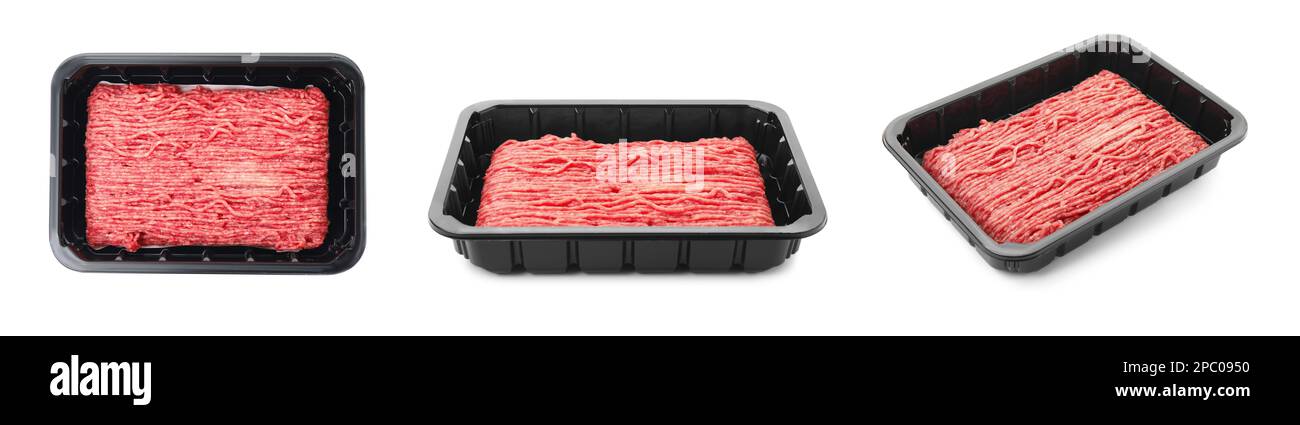 Set with fresh raw minced meat on white background. Banner design Stock ...