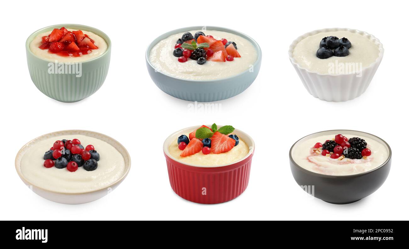 Set with delicious semolina puddings on white background. Banner design ...