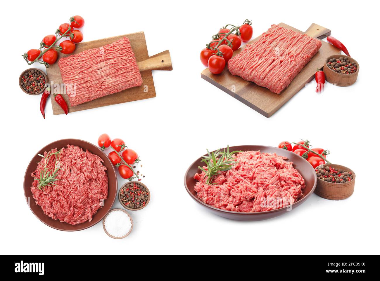 Set with fresh raw minced meat and other ingredients on white ...