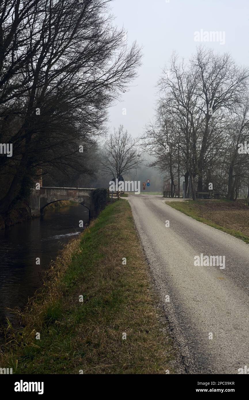 Road in the countryside bordered by a stream of water next to a forest ...