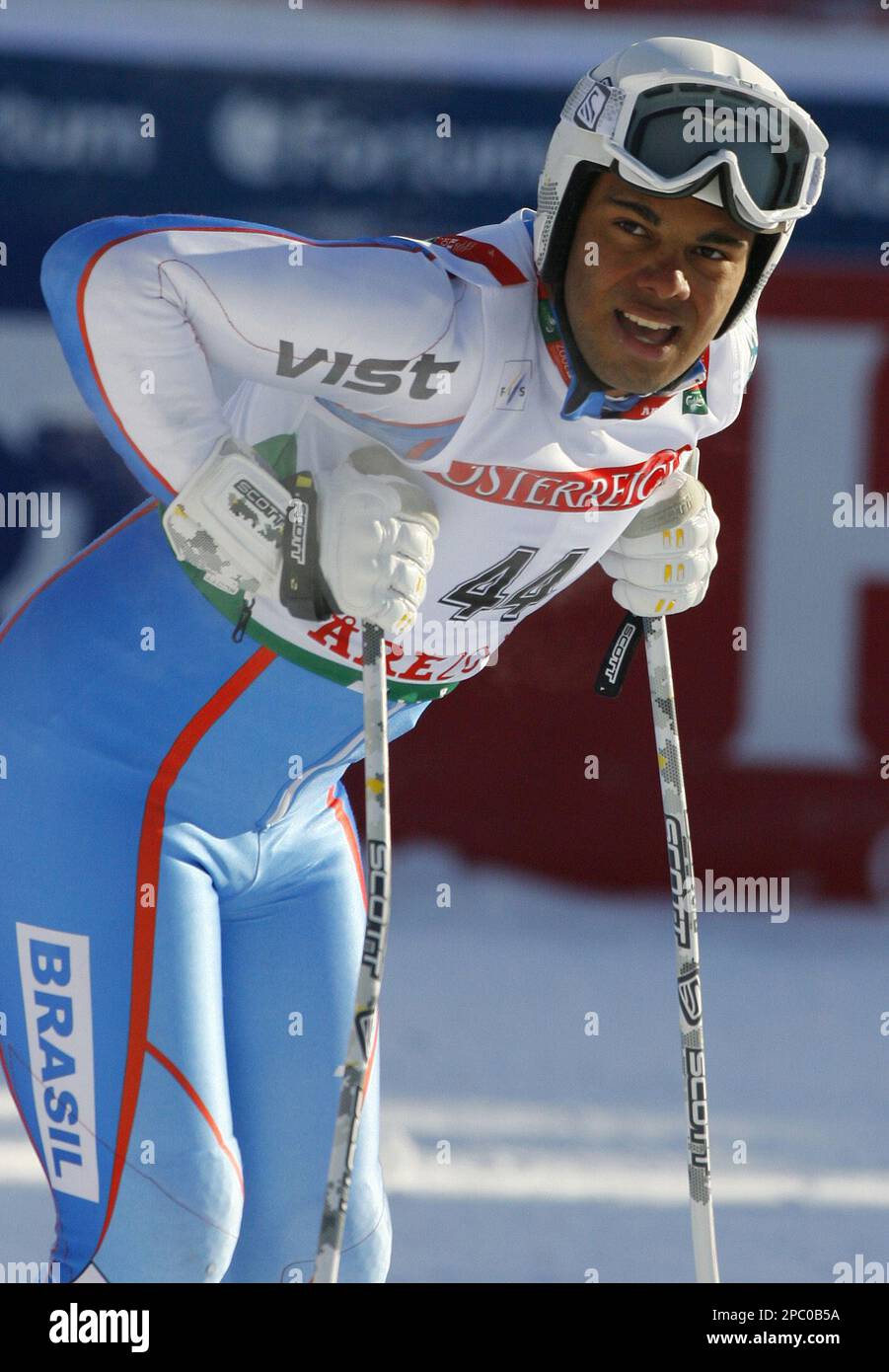Johnatan Longhi, of Brazil, reacts during Men's Giant Slalom qualifying ...