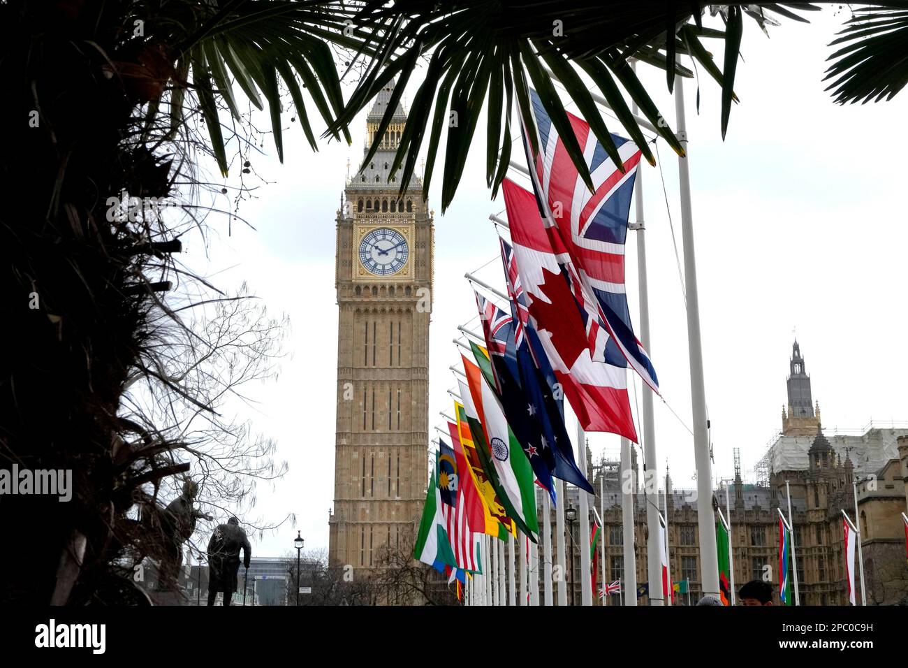 Flags of the Commonwealth countries fly near the Elizabeth Tower with ...