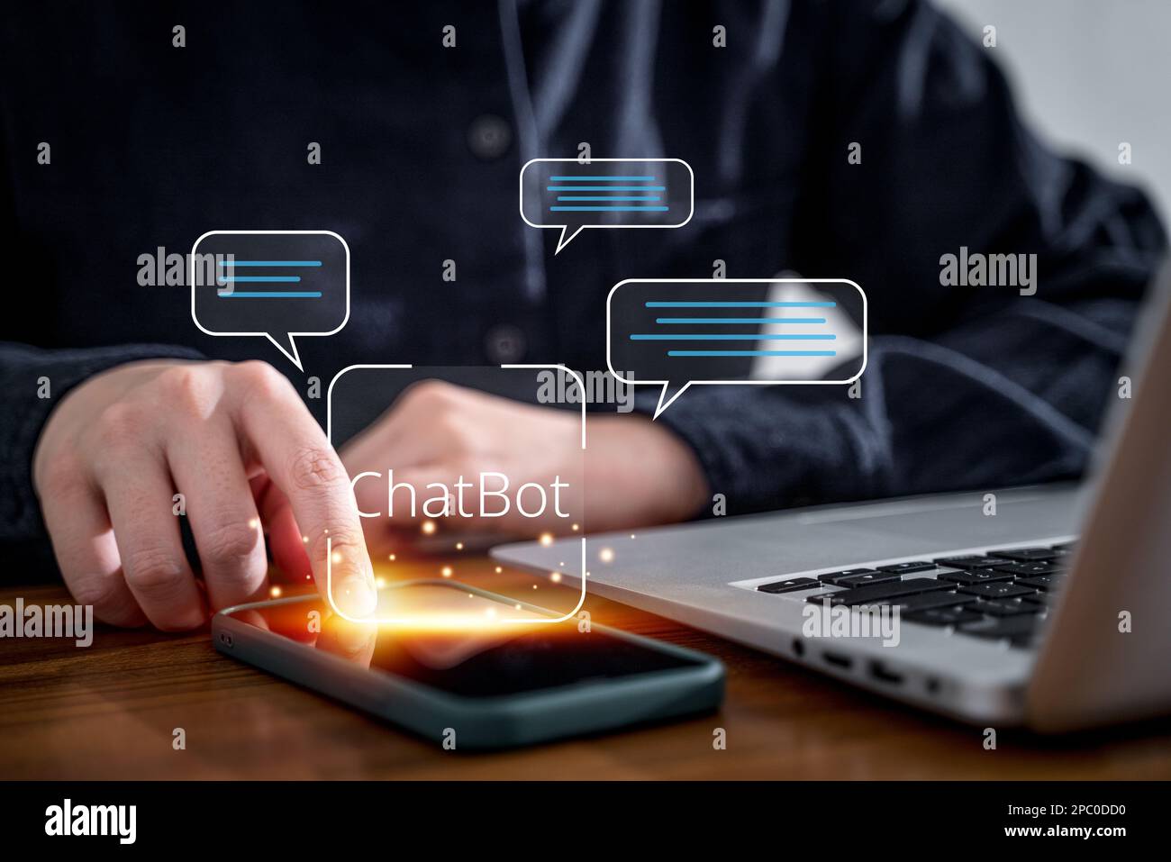 Concept of technology and business AI Chat bot ChatBot, global internet communication ...