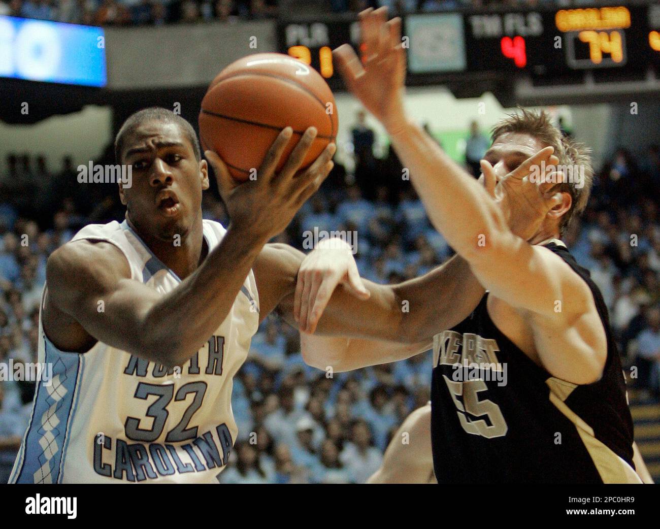 North Carolina's Alex Stepheson (32) and Wake Forest's Kyle Visser (55 ...