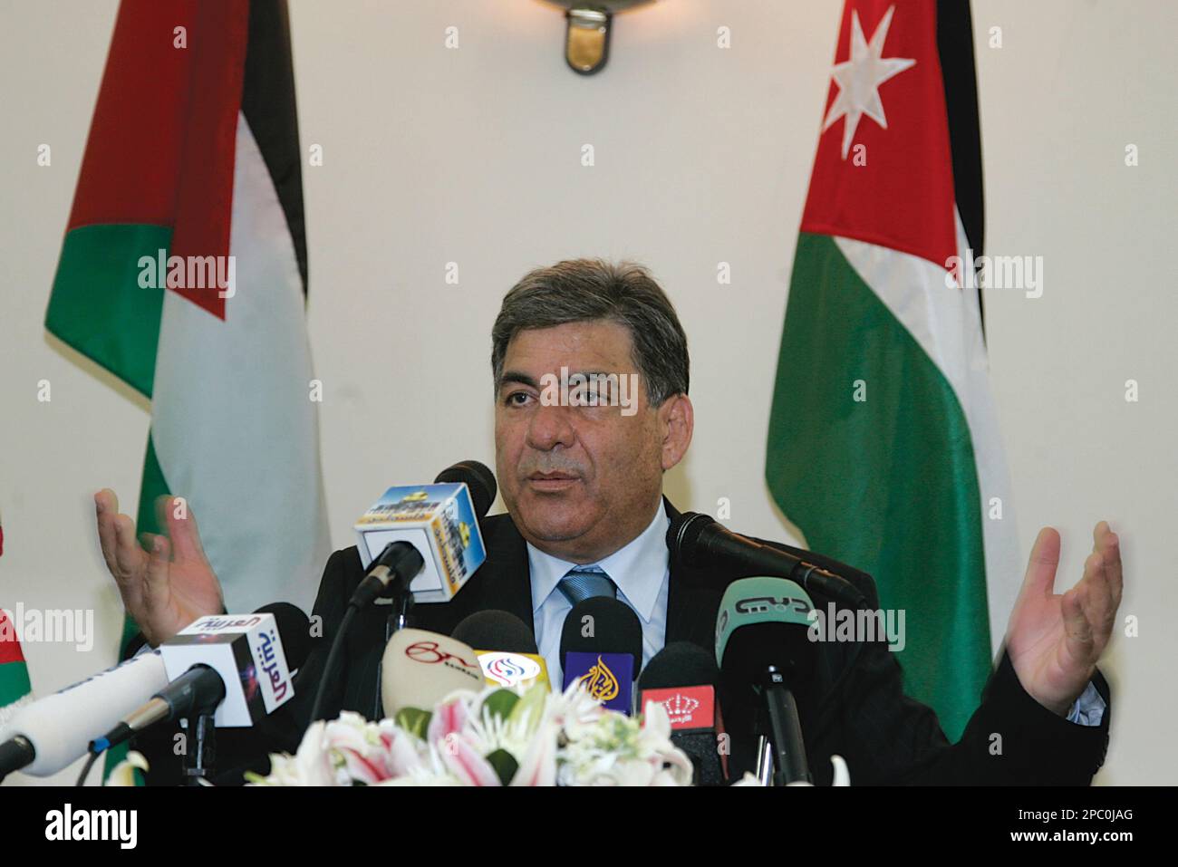 Nabil Amr, Palestinian president adviser, brief media in Amman, Jordan ...