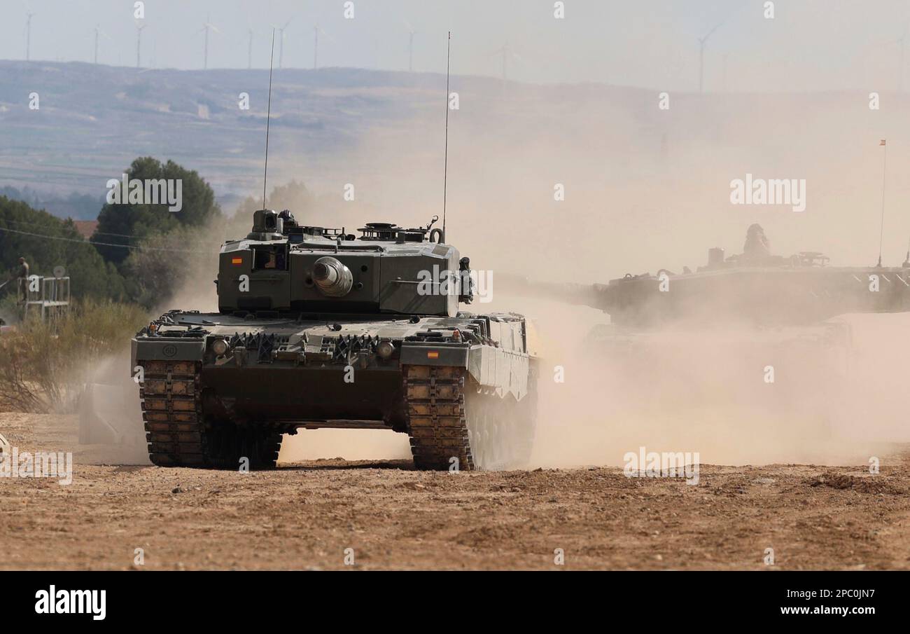 View of one of the Leopard 2A4 battle tanks during the presentation of ...
