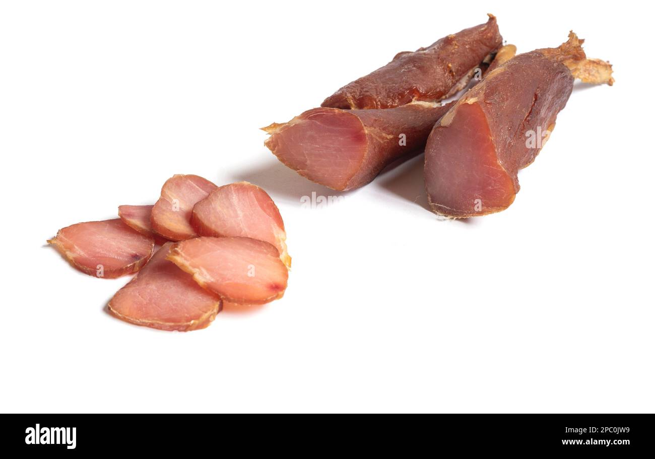 Dried pork meat isolated on white background Stock Photo - Alamy