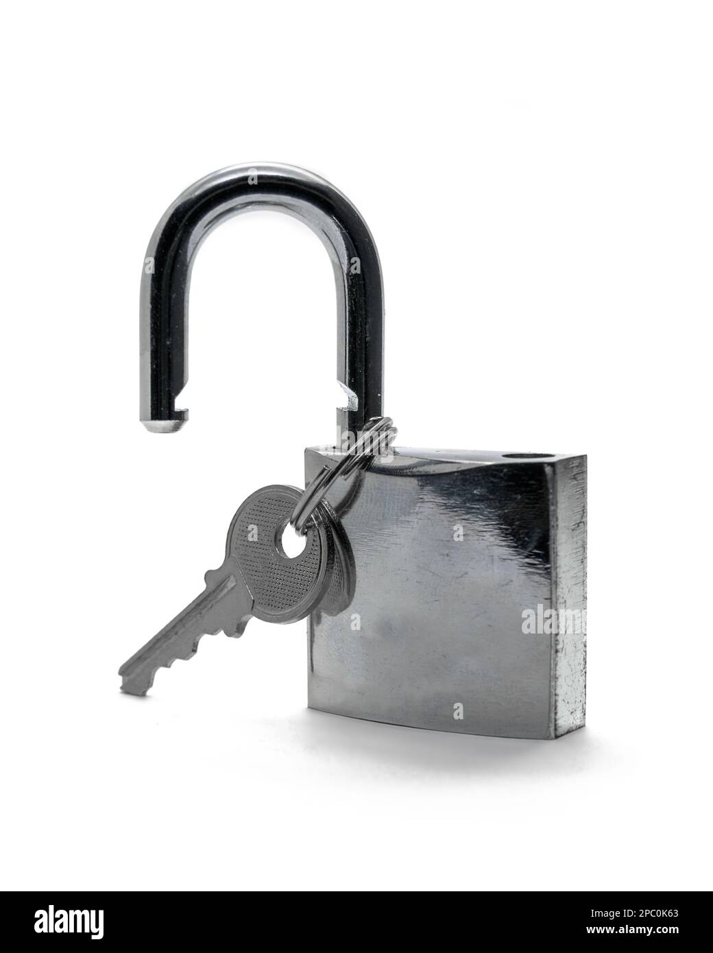 Unlocked steel padlock with key, isolated on white background Stock ...