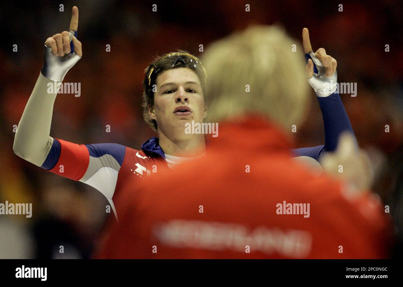 Sven Kramer of The Netherlands celebrates his victory at the men's 5000 ...
