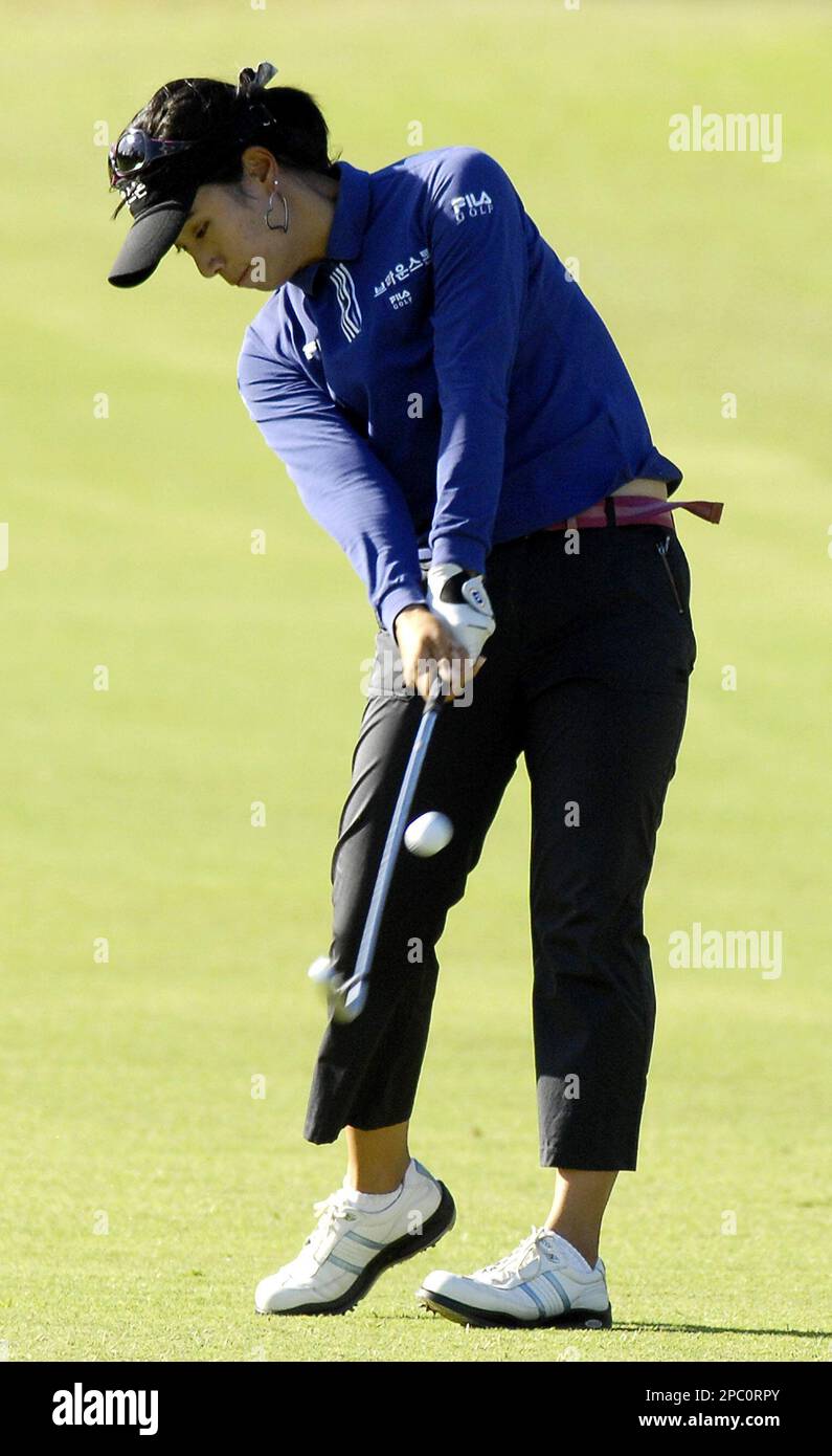 South Korean golfer Park Hee plays a shot during the second round of ...