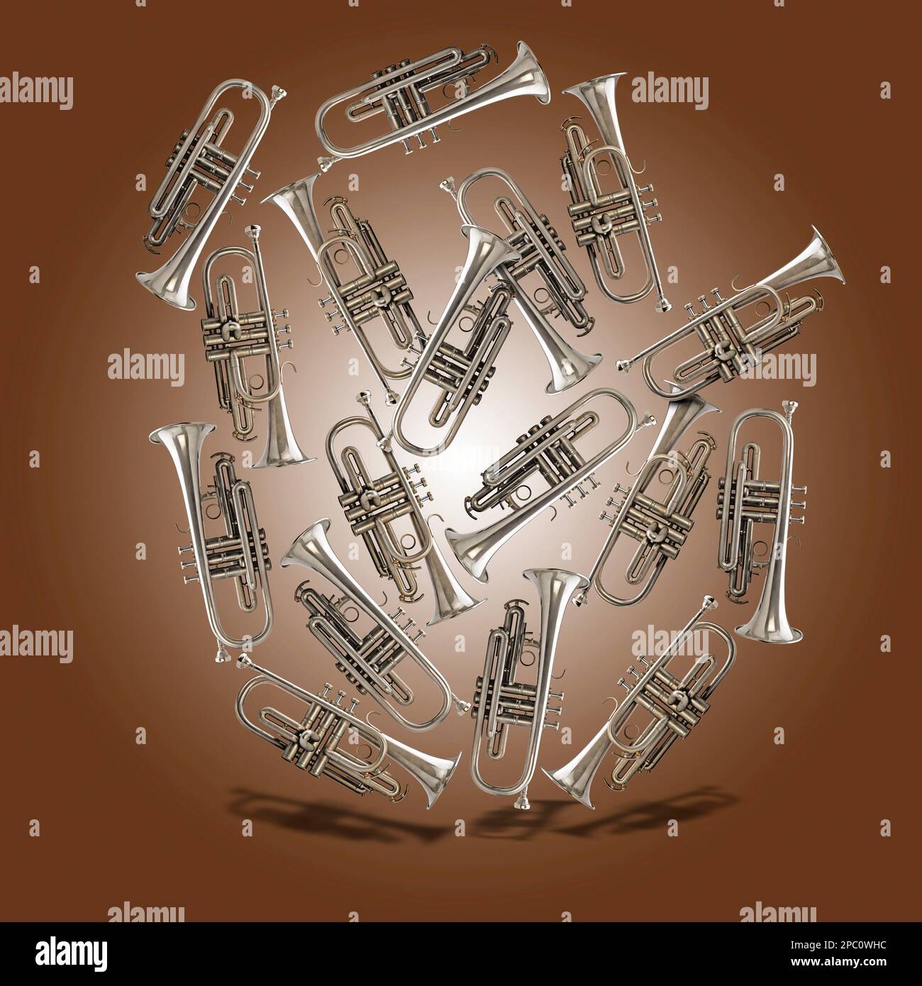 Floating set of Silver trumpets against brown gradient background Stock ...