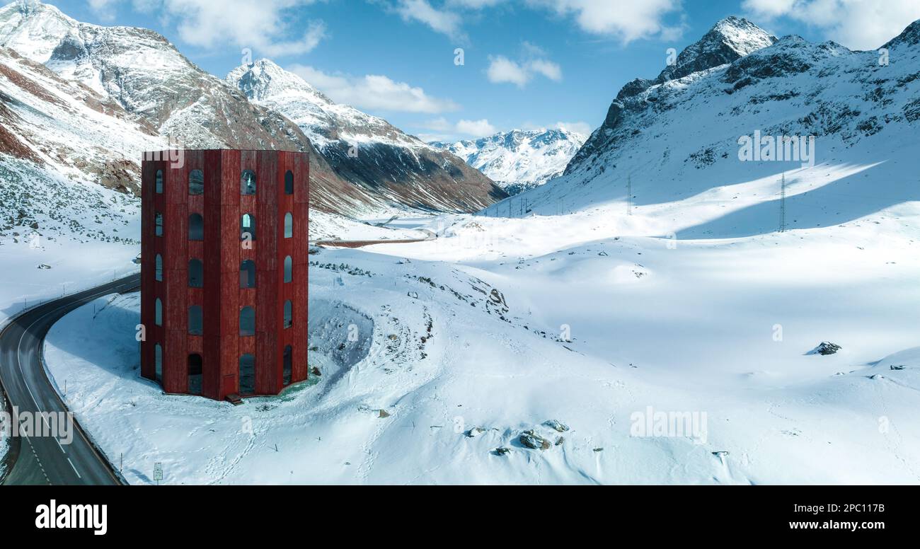 Julier Theater Tower on the Julier Pass in winter. Canton of ...