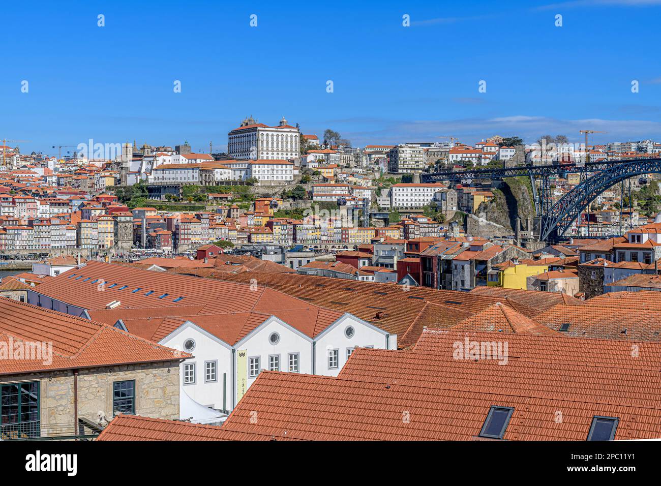 The old town of Porto on the river Douro. The arched bridge is the Luis ...