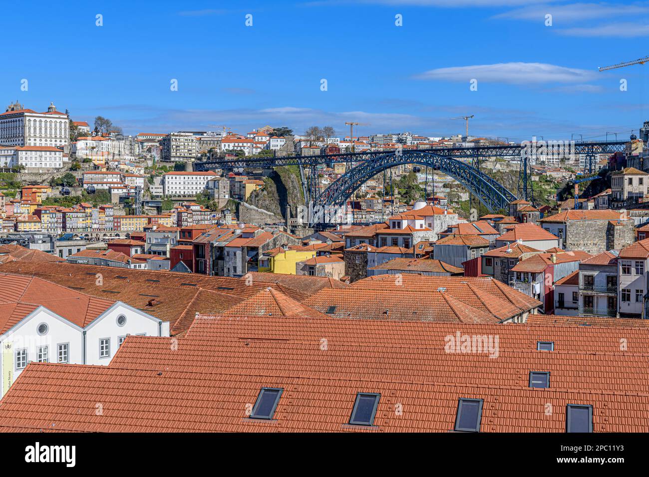 The old town of Porto on the river Douro. The arched bridge is the Luis ...