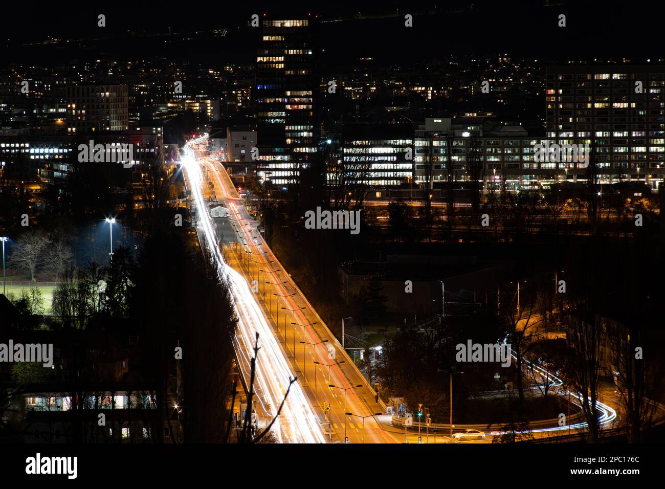 Long exposure car traffic at night on Europabrücke bridge in Zurich ...