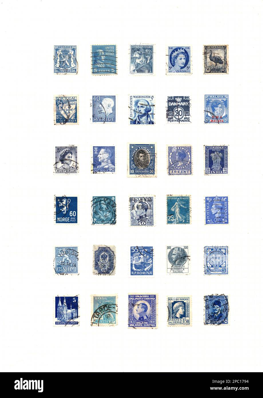 A selection of blue vintage postage stamps from around the world Stock ...