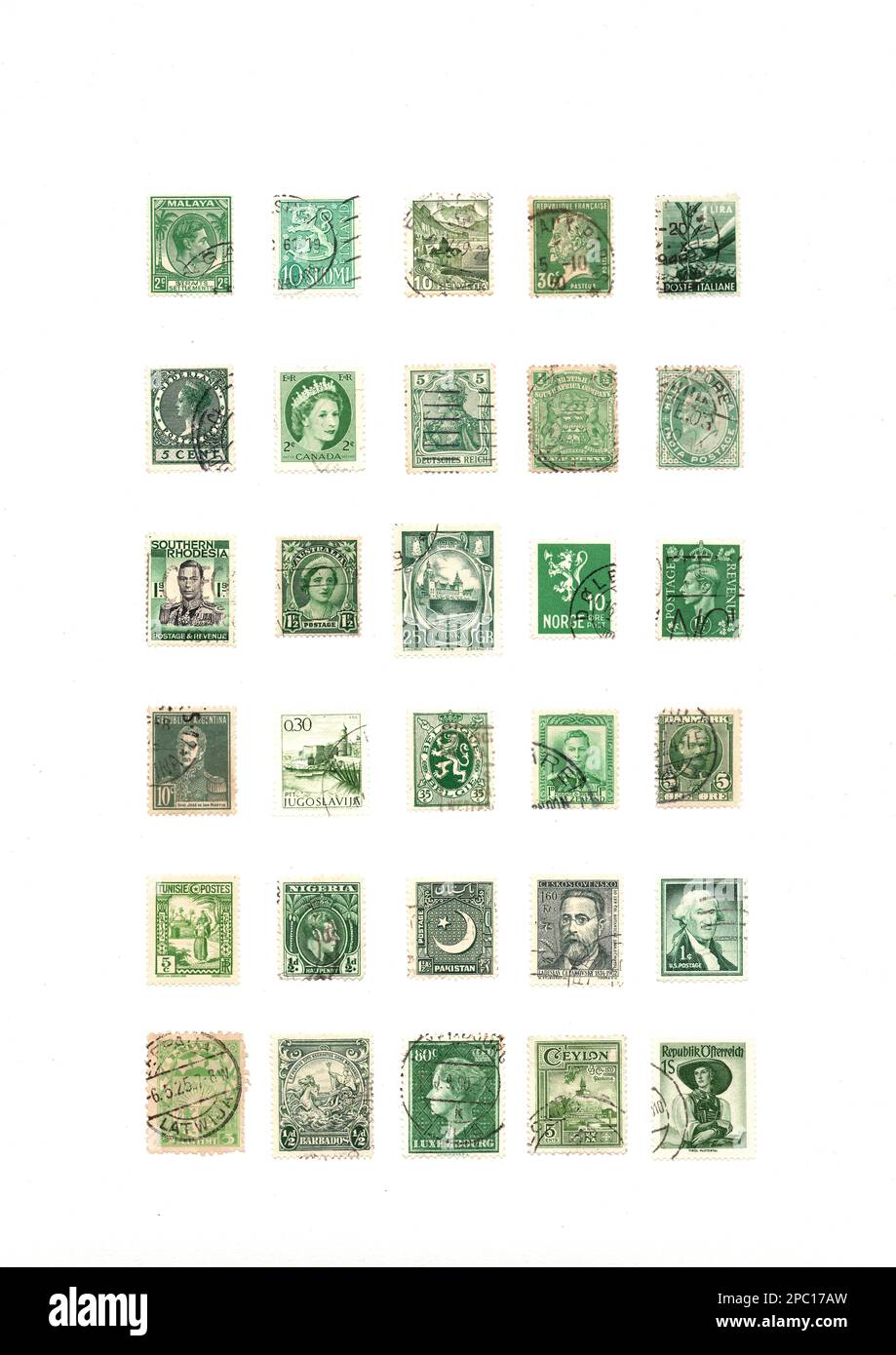 A selection of green vintage postage stamps from around the world Stock ...