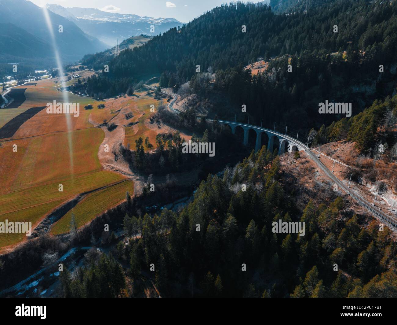 Aerial view famous mountain in Filisur, Switzerland. Landwasser Viaduct ...