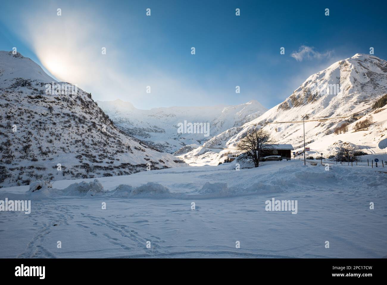 Snow covered Alps in Tschamut, Switzerland. Mountain range, wide-angle ...