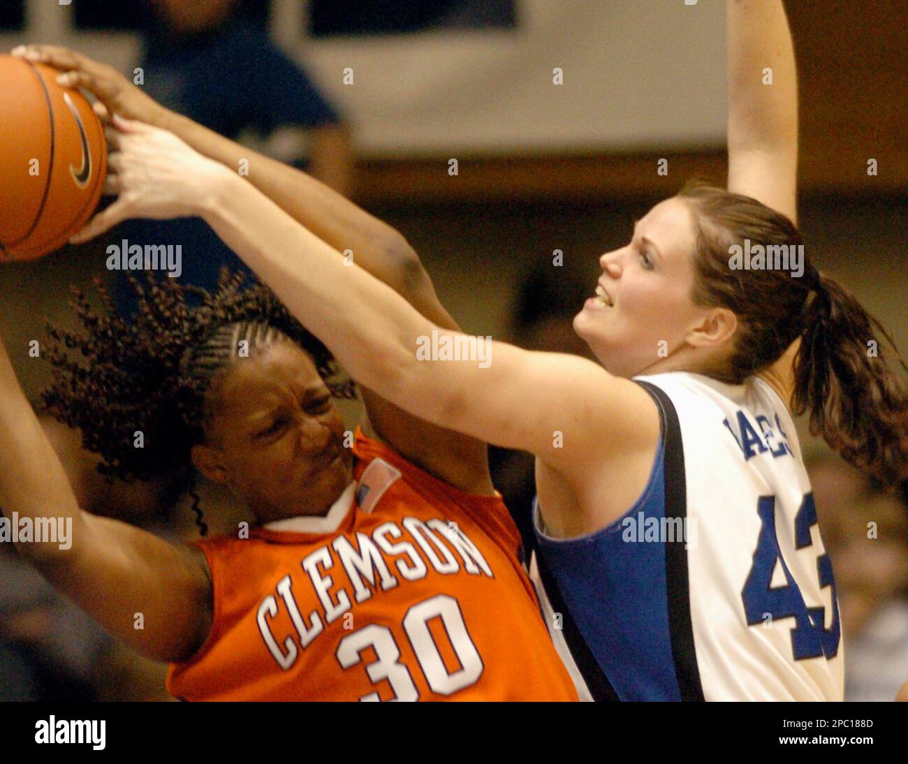 Duke's Alison Bales, right, pressures Clemson's Moreemi Davis (30) in ...