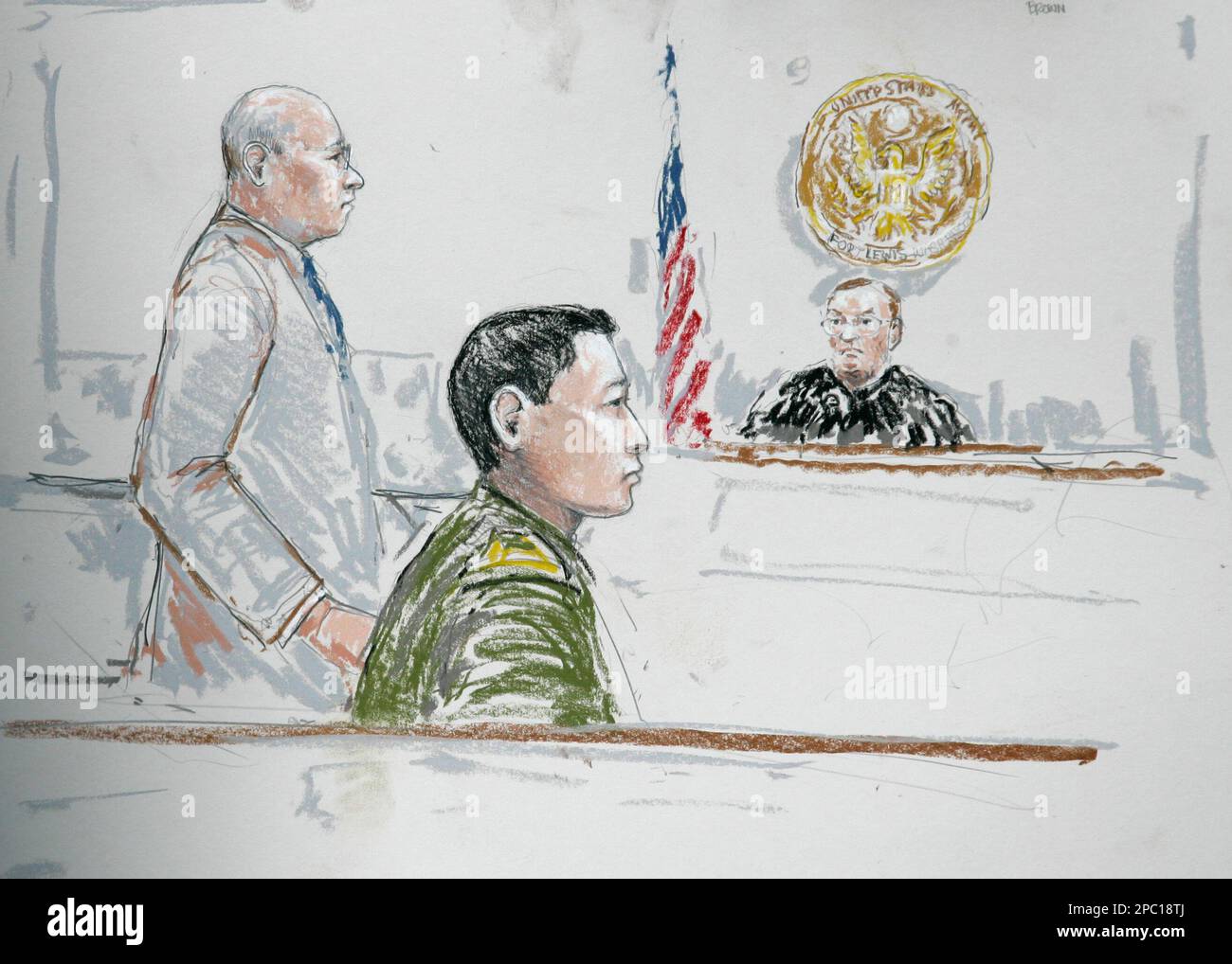 In this courtroom drawing, U.S. Army 1st Lt. Ehren Watada is shown ...