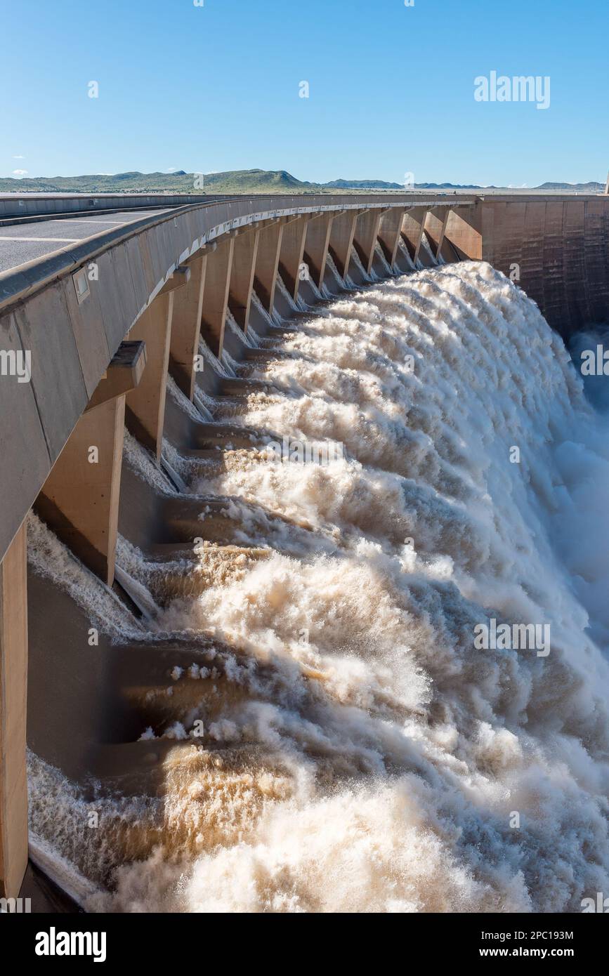 The Gariep Dam overflowing. The dam is the largest in South Africa. It ...