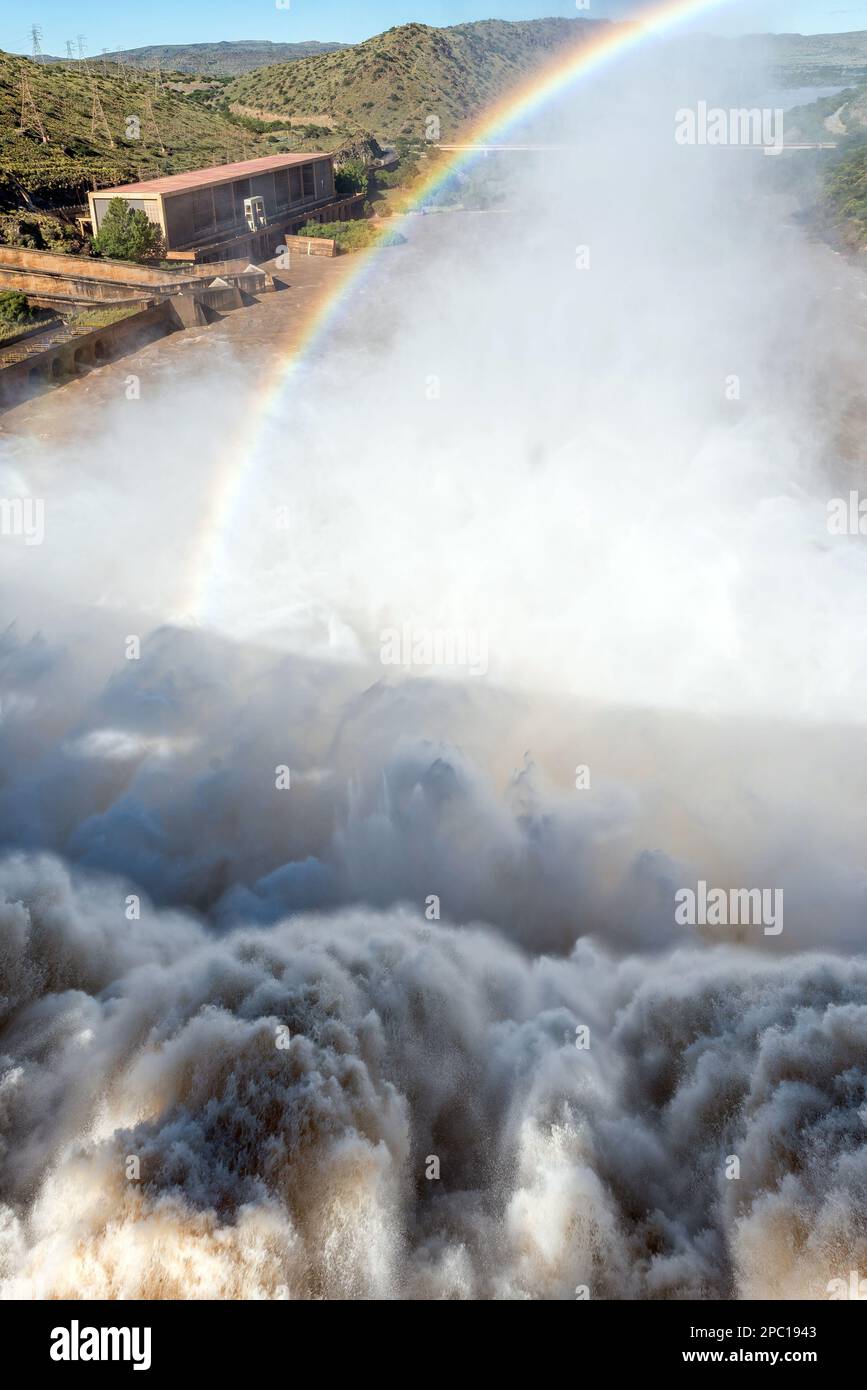 The Gariep Dam overflowing. The dam is the largest in South Africa. It ...