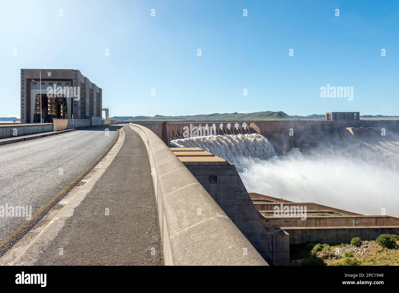 The Gariep Dam overflowing. The dam is the largest in South Africa. It ...